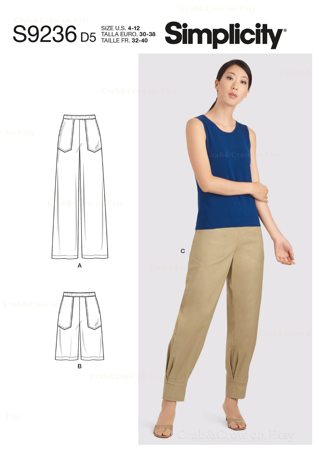Simplicity S9236 Sewing Pattern for Misses Pull on Wide Leg Pants in ...