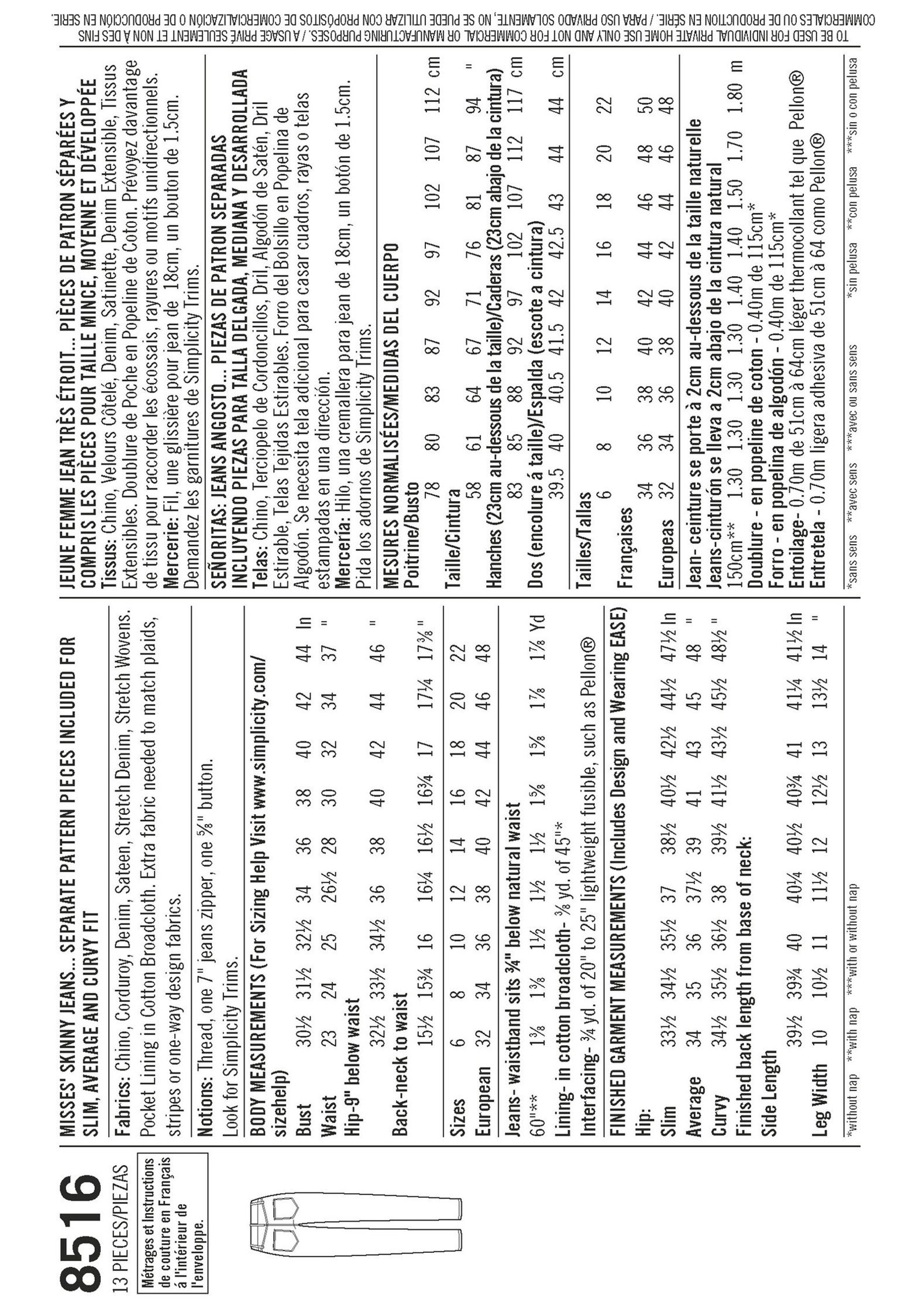 Simplicity 8516 Sewing Pattern for Misses Skinny Jeans for | Etsy