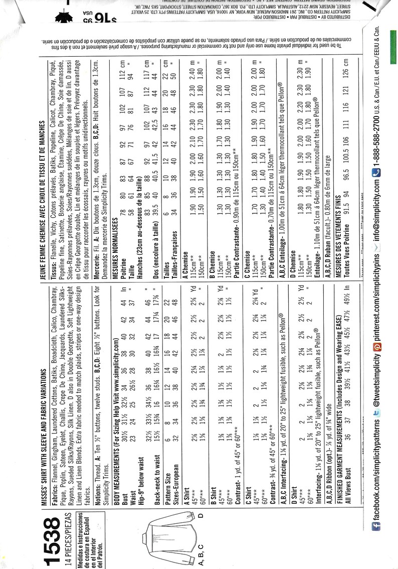 Simplicity 1538 Sewing Pattern Misses Shirt With Sleeve and - Etsy