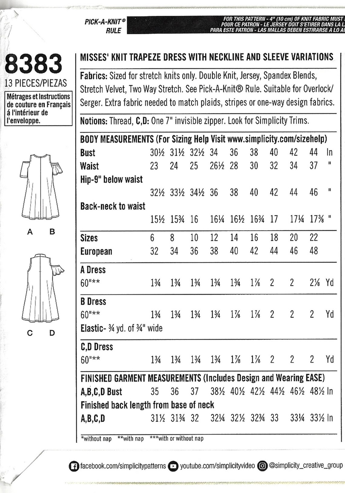 Simplicity 8383 Sewing Pattern Misses Knit Trapeze Dress With | Etsy