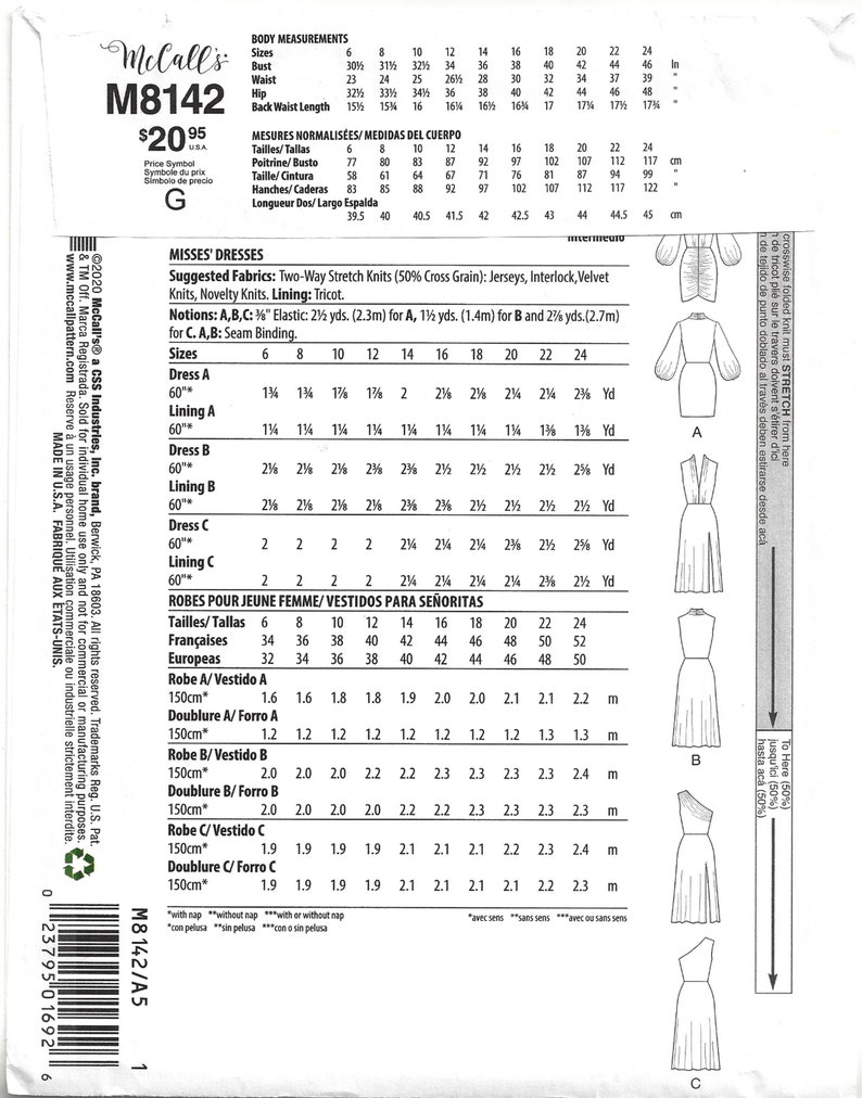 Mccalls M8142 Sewing Pattern Misses Knit Dresses With Bodice - Etsy