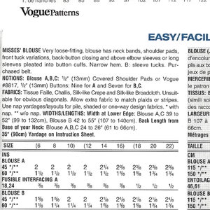 Vogue 9288 Sewing Pattern Misses Loose Fitting Blouse With Front Tuck ...