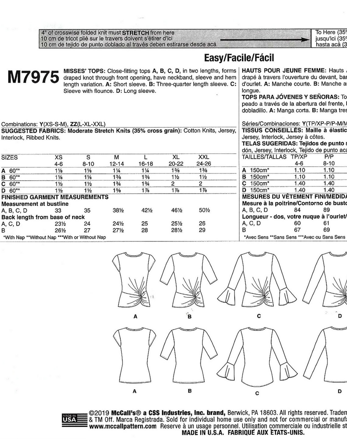 Mccalls M7975 Sewing Pattern Misses Novelty Draped Knot Knit - Etsy