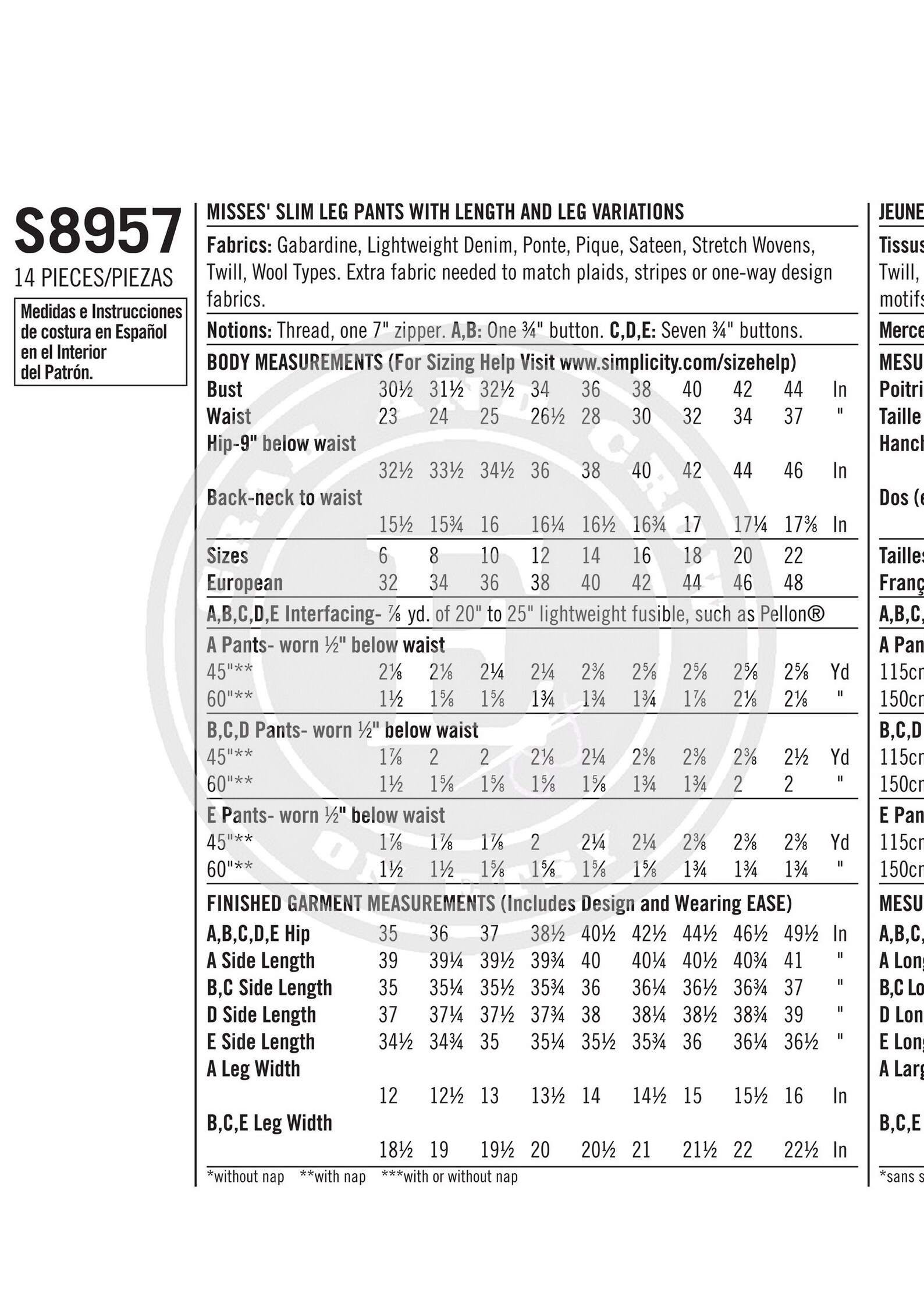 Simplicity S8957 Sewing Pattern Misses Slim Leg Pant With Variations Sz ...