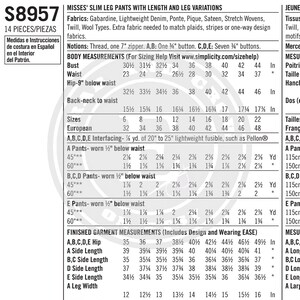 Simplicity S8957 Sewing Pattern Misses Slim Leg Pant With Variations Sz ...