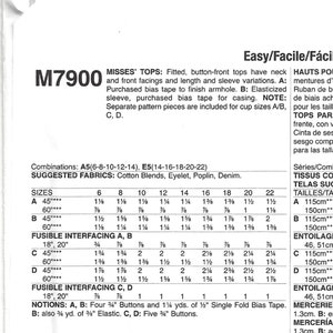 Mccalls M7900 Sewing Pattern Misses Easy Fitted Button Front Top With ...