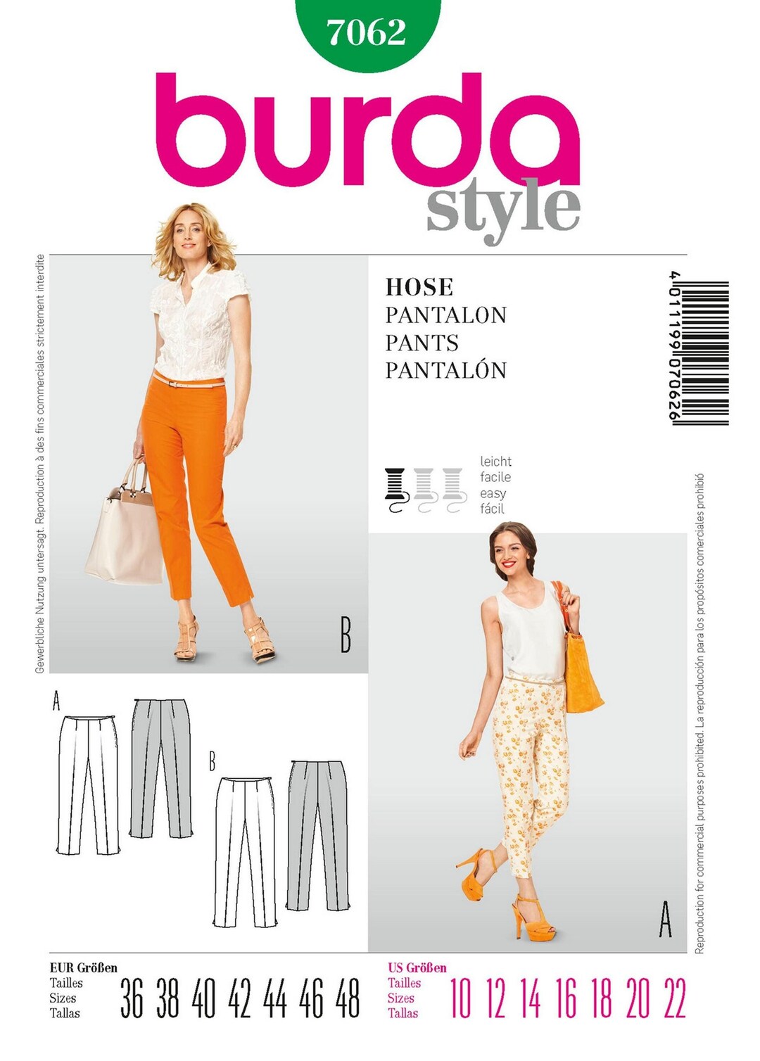 Burda 7062 Sewing Pattern for Misses Easy to Sew Slim Fitting Pants ...
