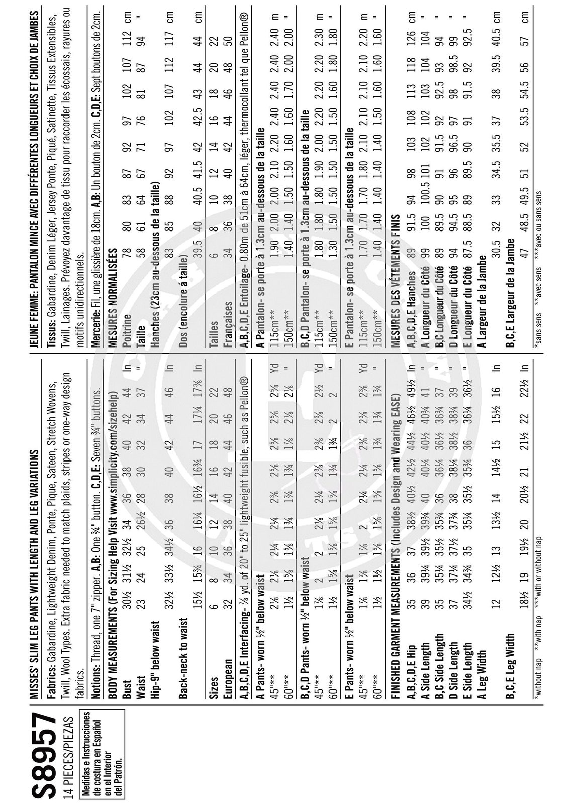 Simplicity S8957 Sewing Pattern Misses Slim Leg Pant With - Etsy
