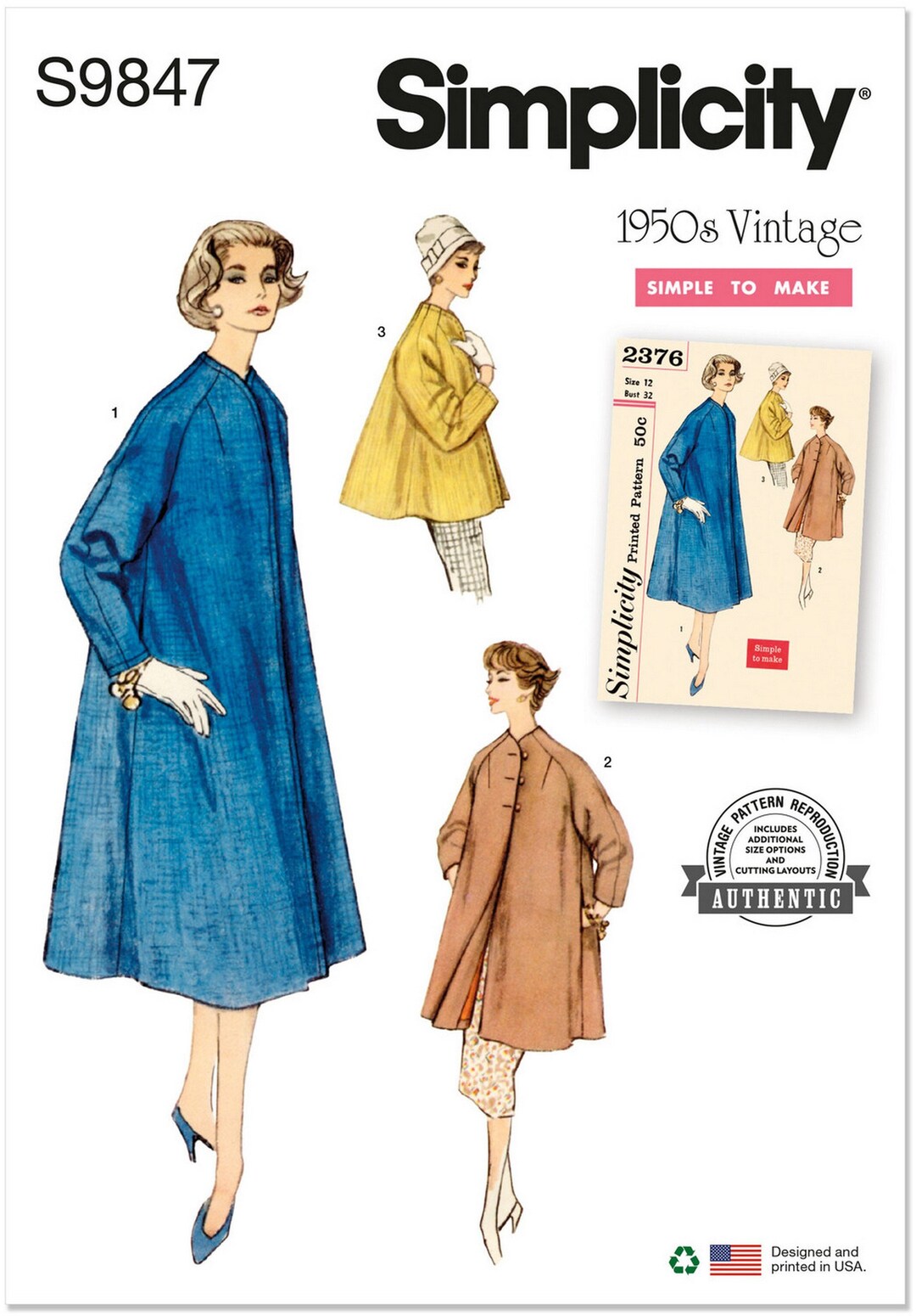 Simplicity S9847 Sewing Pattern Misses Vintage 50 Reproduction Raglan ...
