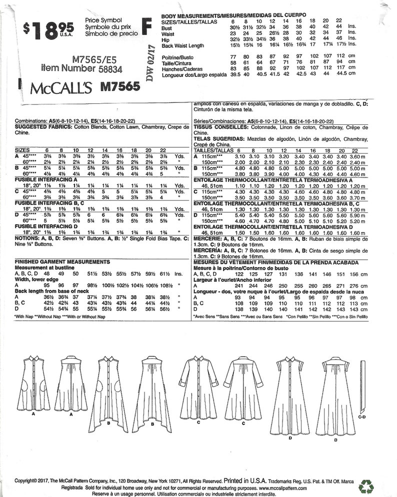 McCalls M7565 Sewing Pattern Misses Very Loose Fitting Dresses | Etsy