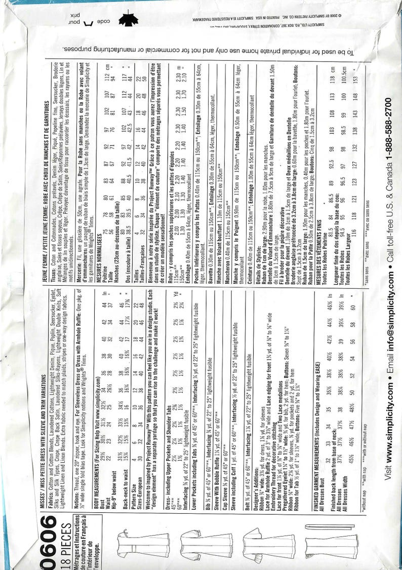 Simplicity 0606 Sewing Pattern Misses Dress With Sleeve and | Etsy