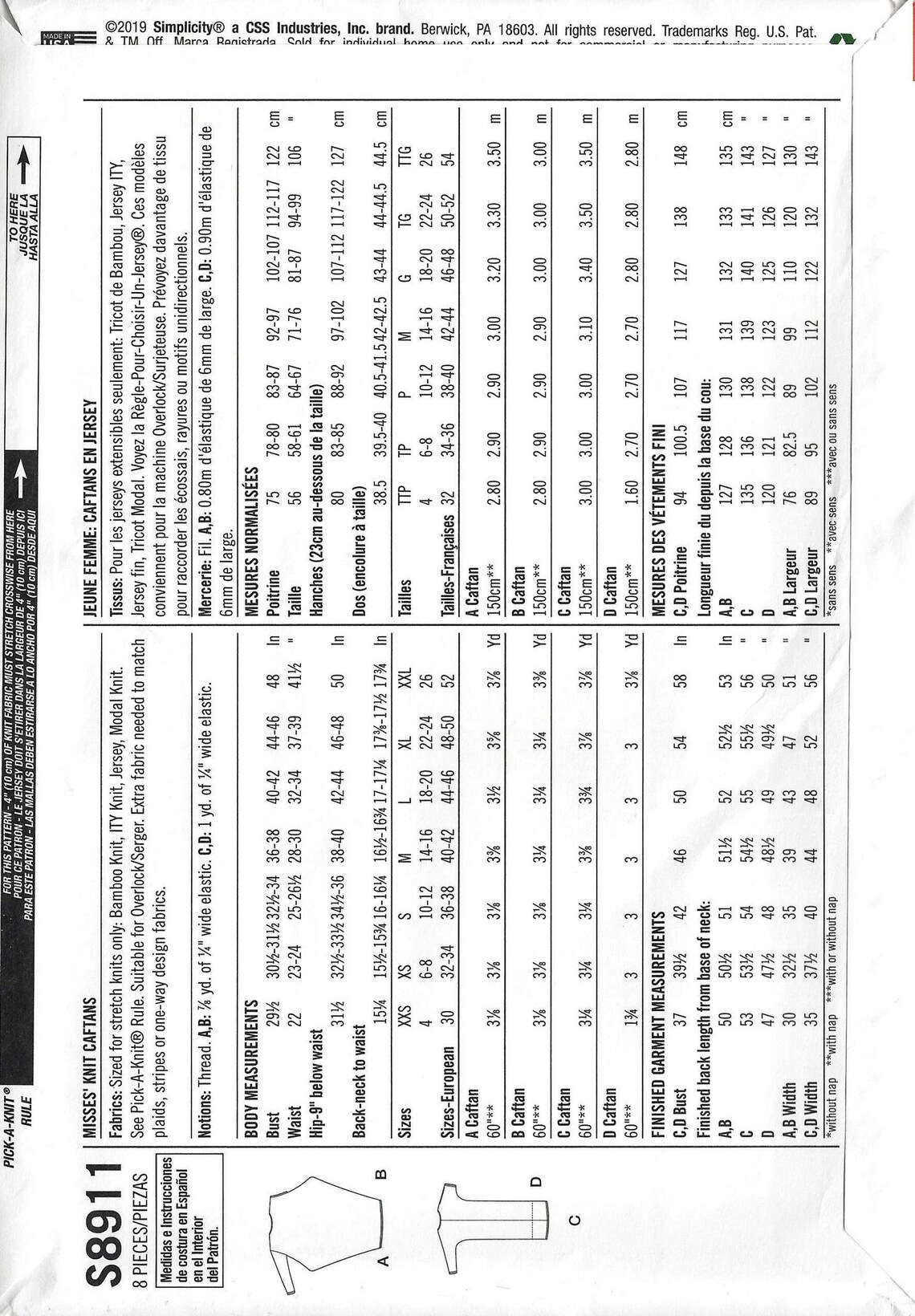 Simplicity S8911 Sewing Pattern Misses Knit Caftans with | Etsy