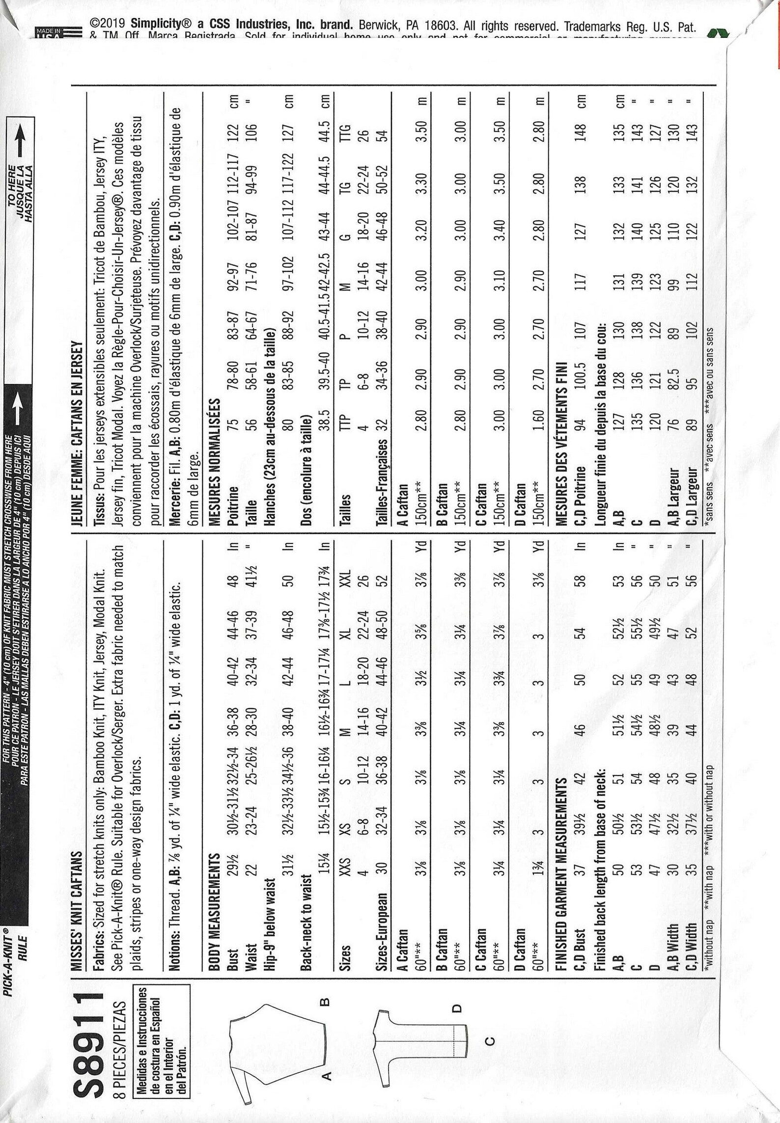 Simplicity S8911 Sewing Pattern Misses Knit Caftans with | Etsy