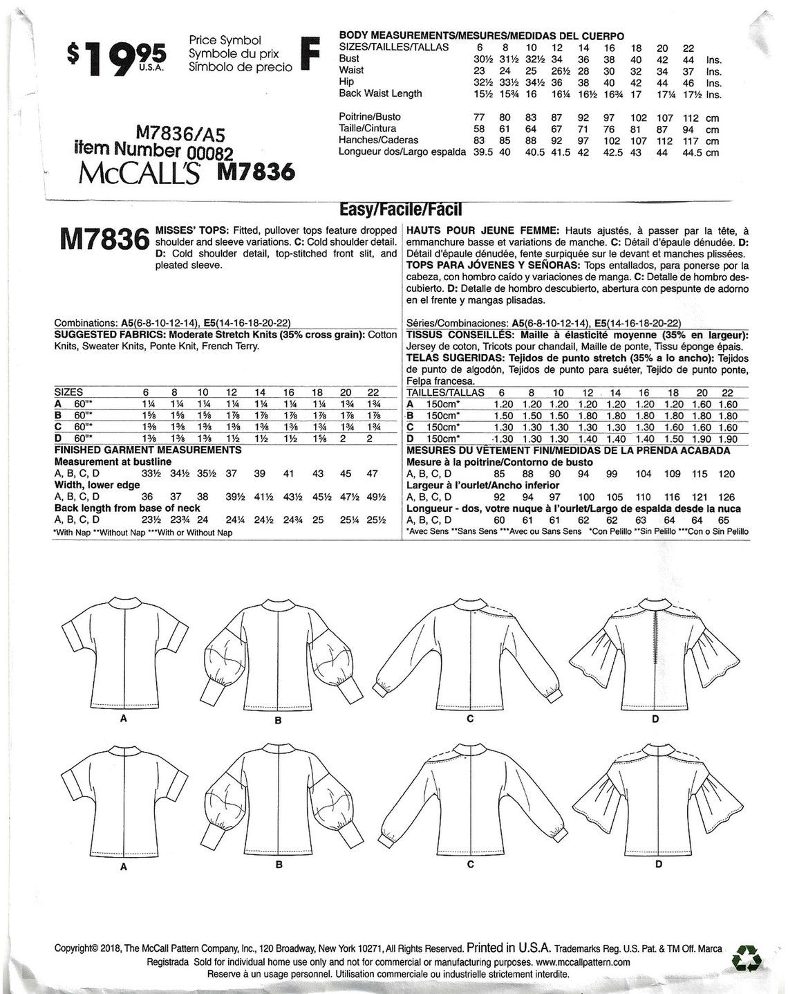 McCalls M7836 Sewing Pattern Misses Easy Fitted Knit Tops with | Etsy