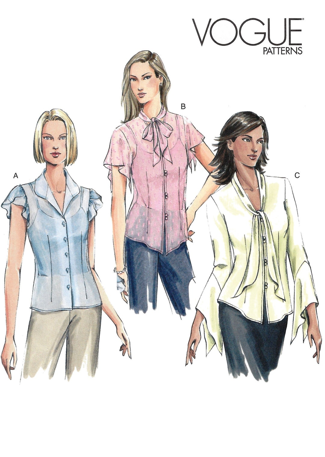 Vogue V7935 Sewing Pattern Misses Semi Fitted Blouse With Collar or Tie ...