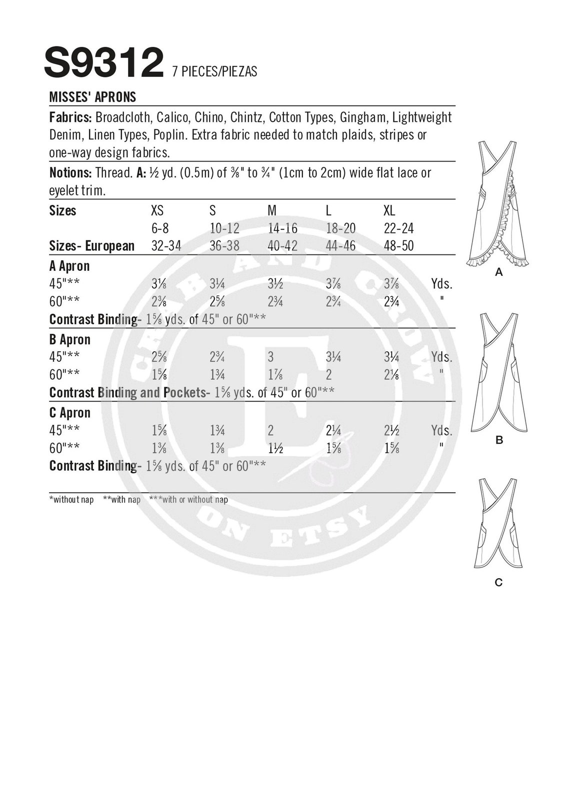 Simplicity S9312 Sewing Pattern Misses Wraparound Apron Sz - Etsy