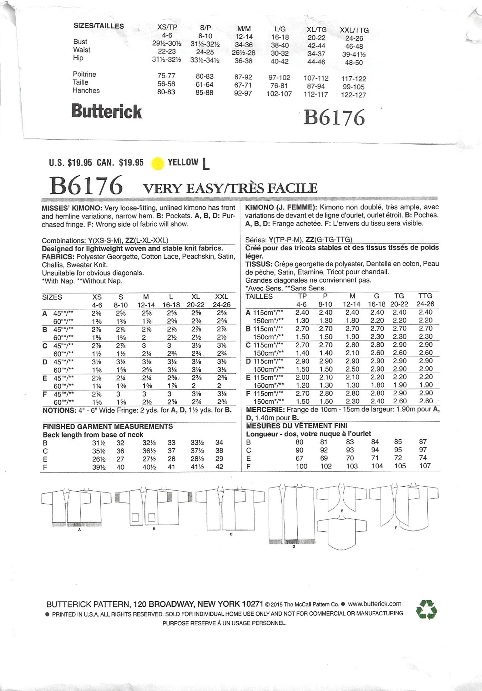 Butterick B6176 Sewing Pattern for Misses Open Front Kimono - Etsy