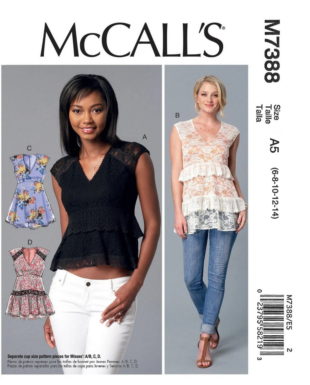 Mccalls M7388 Sewing Pattern for Misses Raised Waist V-neck Tops Ruffle ...