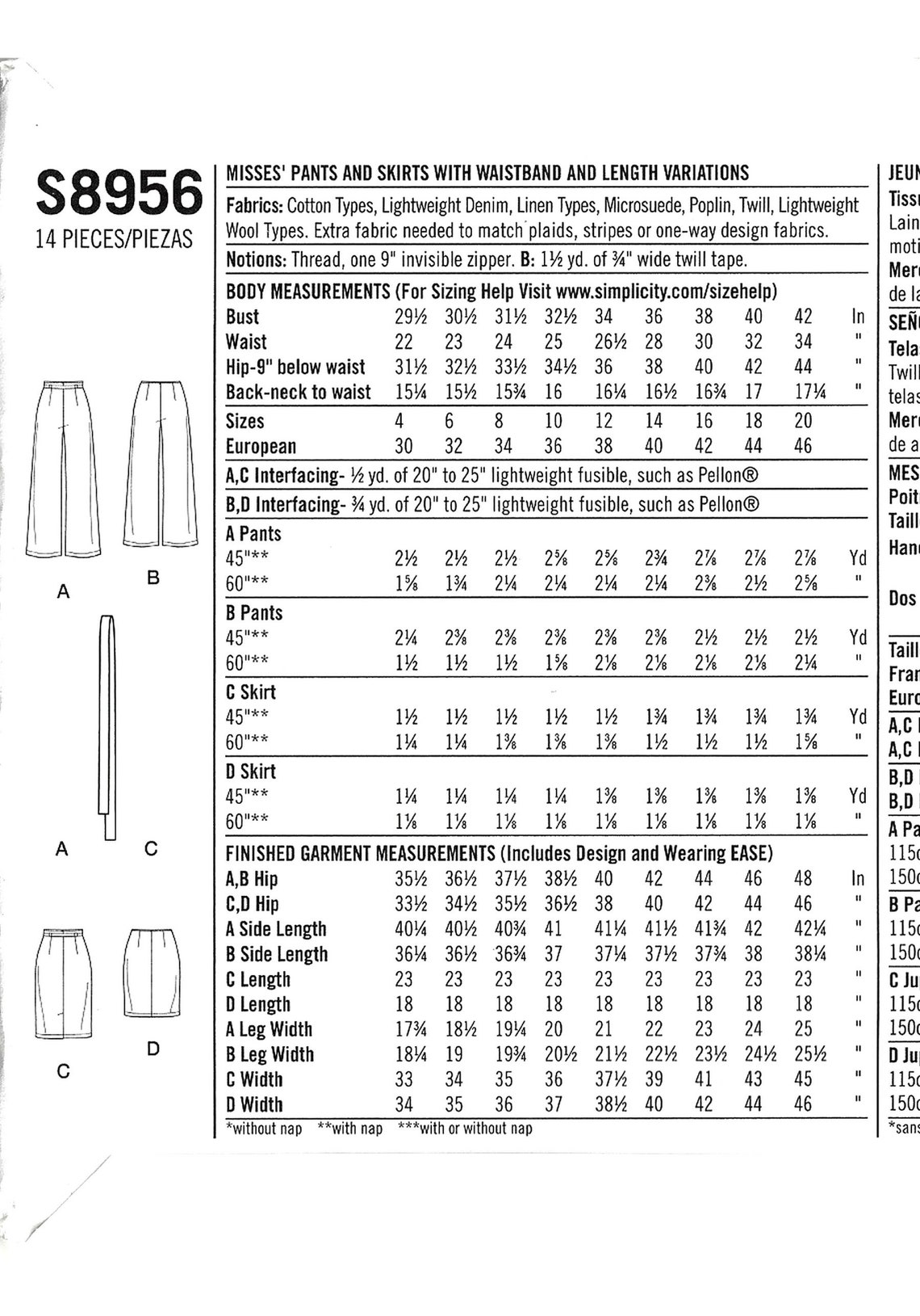 Simplicity S8956 Sewing Pattern Misses Pants and Skirts with | Etsy