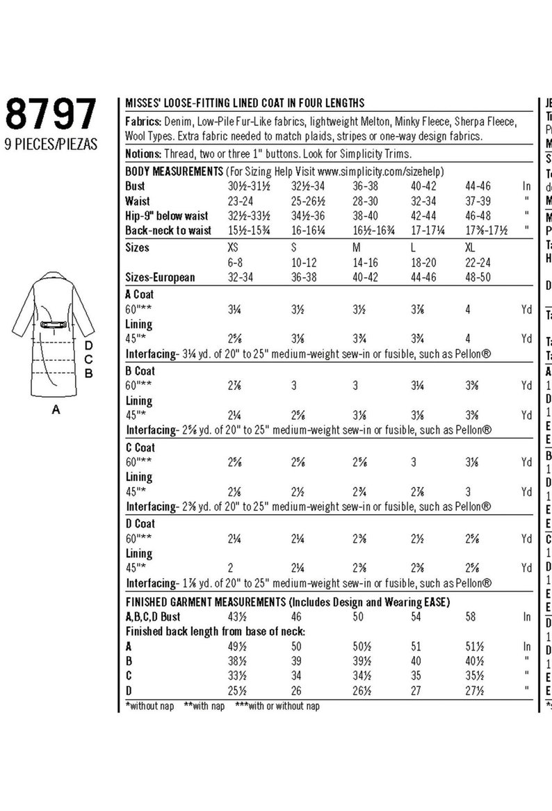 Simplicity 8797 Sewing Pattern Misses Loose Fitting Lined Coat - Etsy