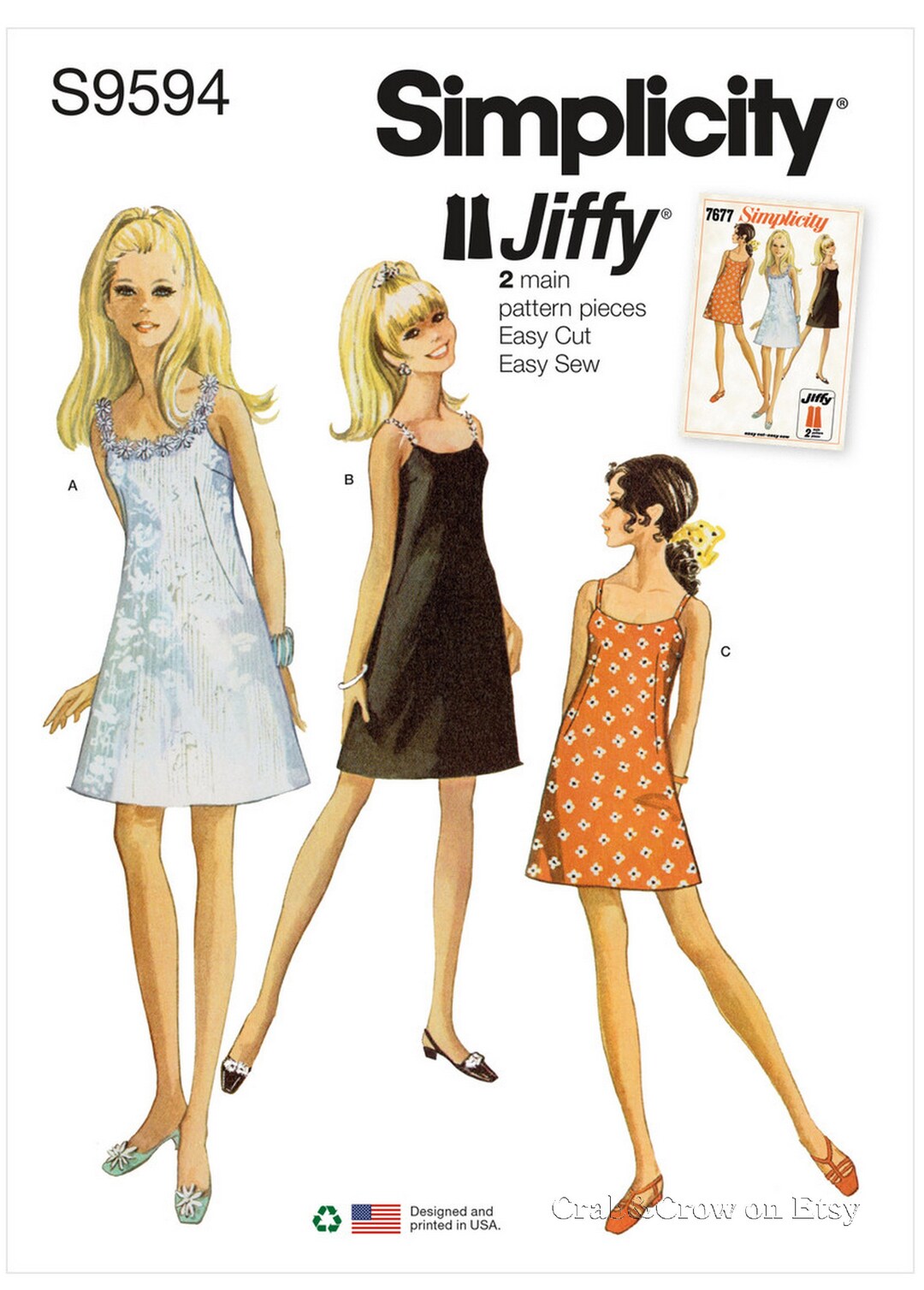 Simplicity S9594 Sewing Pattern Misses 1960s Vintage Reproduction Jiffy Easy to Sew A-line Dress ...
