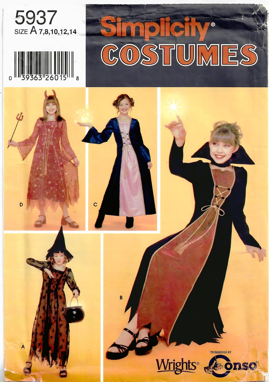 Simplicity 5937 Sewing Pattern Girls Assorted Costumes Witch Vampire Devil Princess Sz 7-14 ...