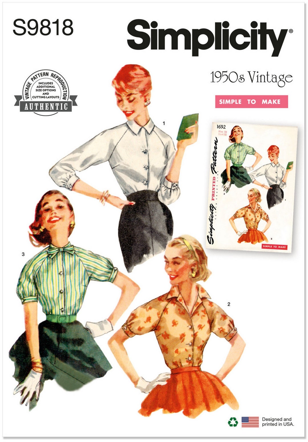 Simplicity S9818 Sewing Pattern Misses Simple to Make Vintage 50s ...