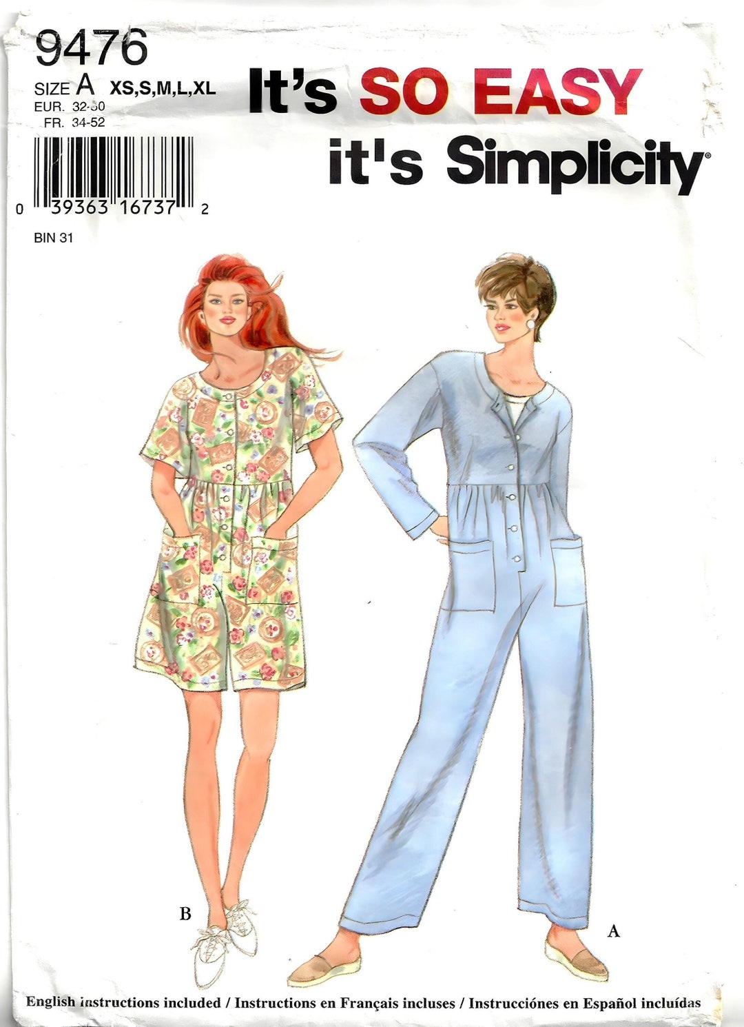 Simplicity 9476 Sewing Pattern Misses Vintage 90s Jumpsuit in Two Lengths It's so Easy Series Sz ...