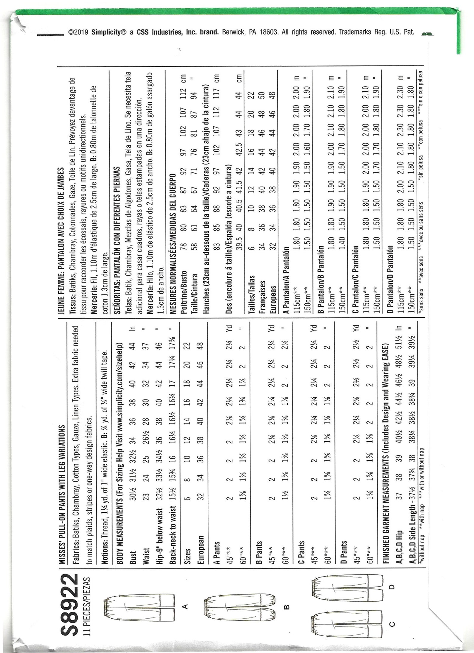 Simplicity S8922 Sewing Pattern Misses Pull-on Pants with Leg | Etsy