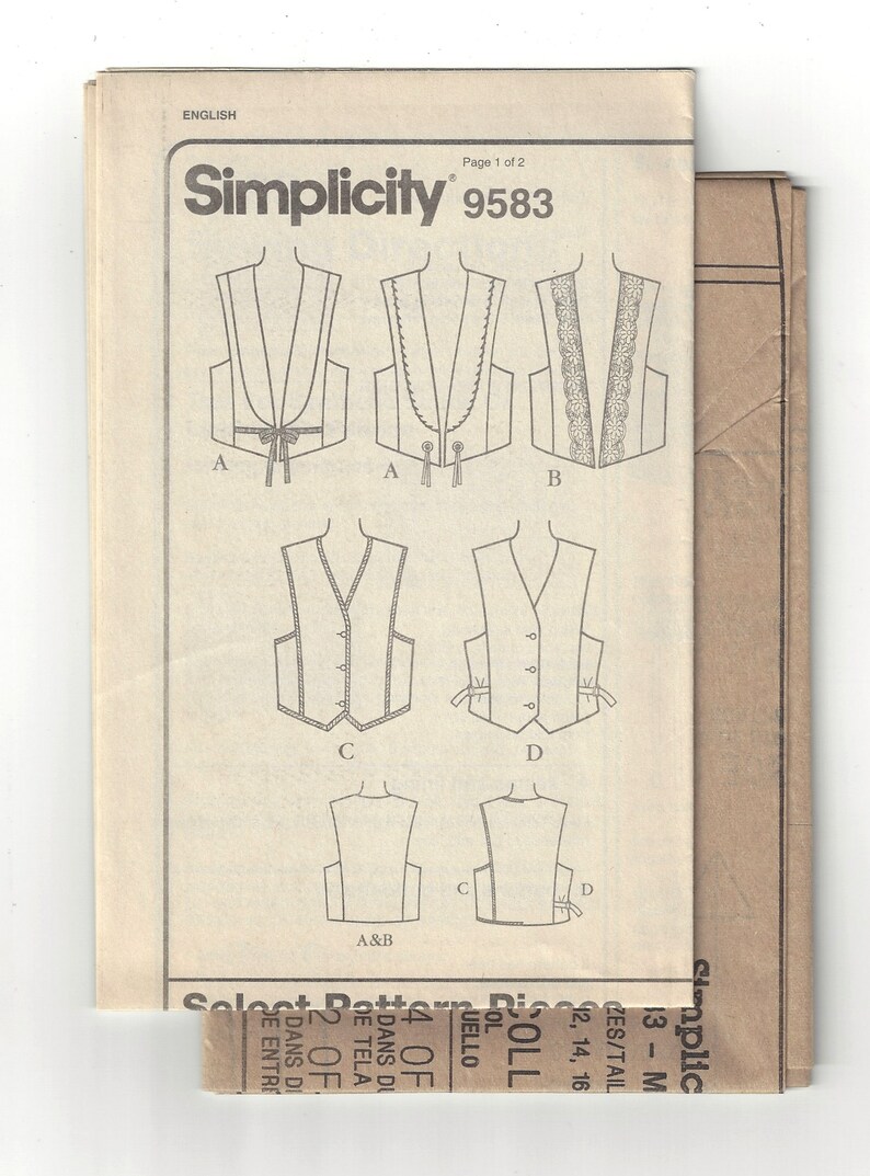 Simplicity 9583 Sewing Pattern Misses Vintage 90s Set of Lined Vests Sz ...