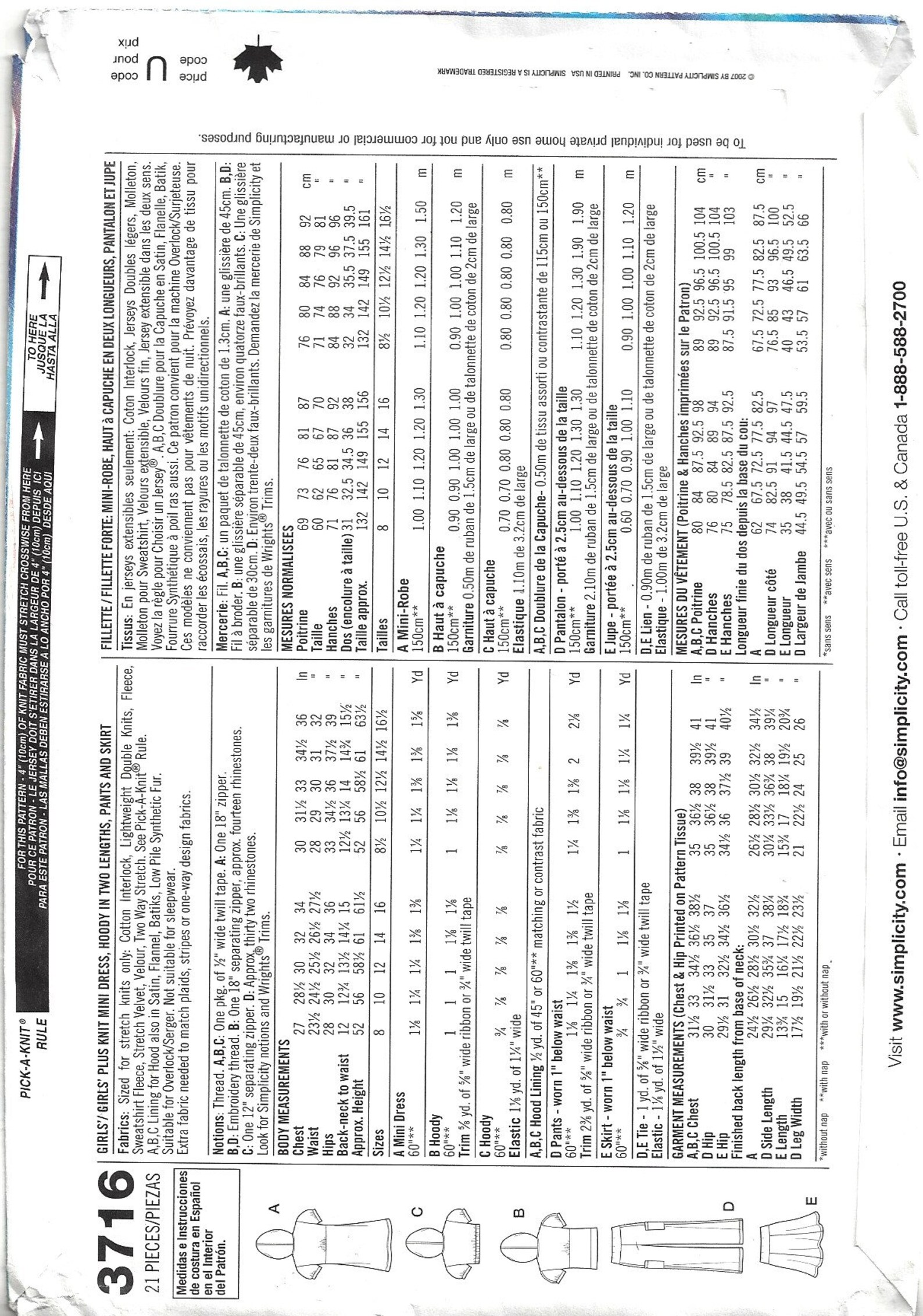 Simplicity 3716 Sewing Pattern for Girls Knit Mini Dress Hoody - Etsy