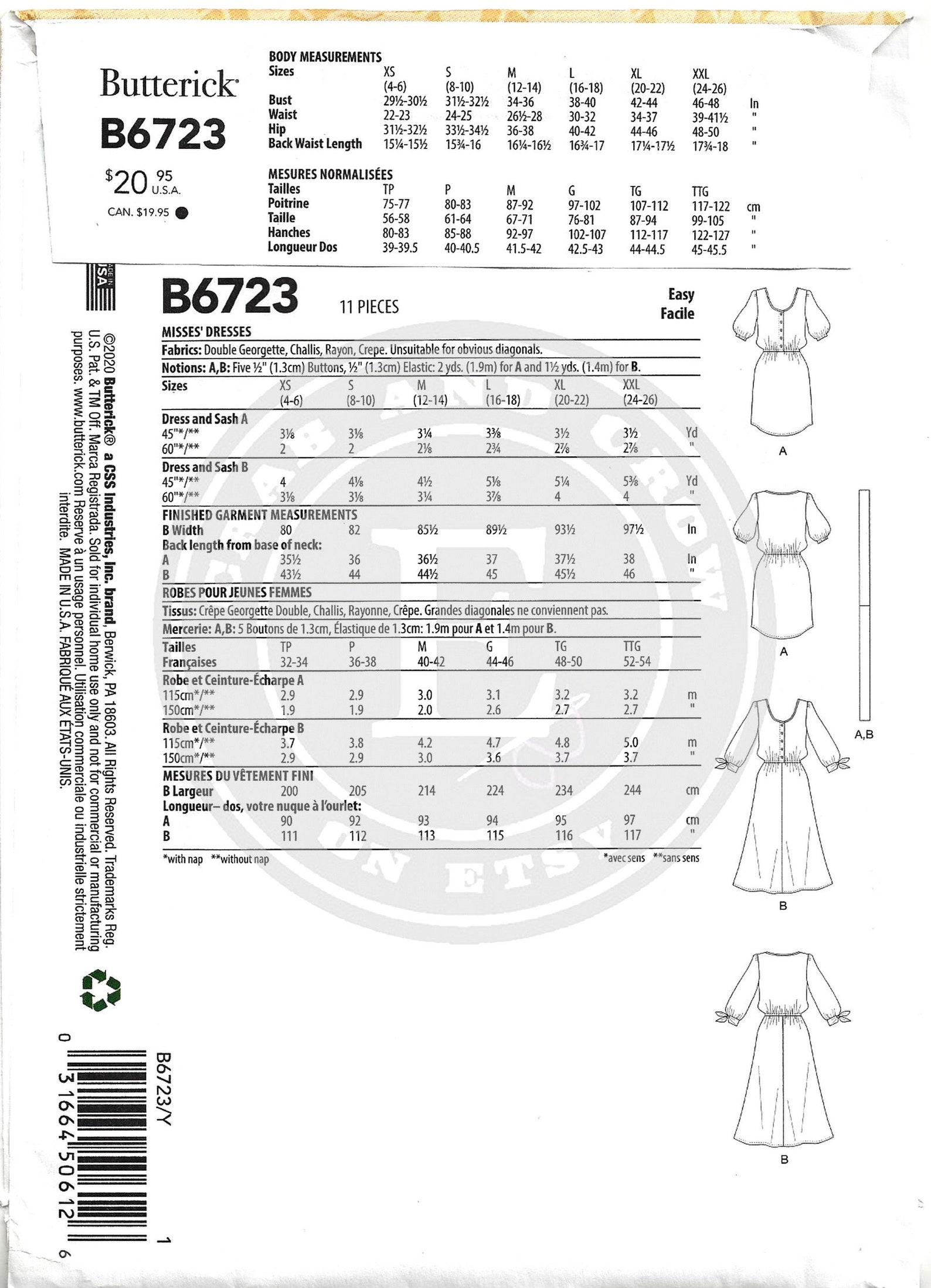 Butterick B6723 Sewing Pattern Misses Easy Dresses With Neckline Sleeve ...