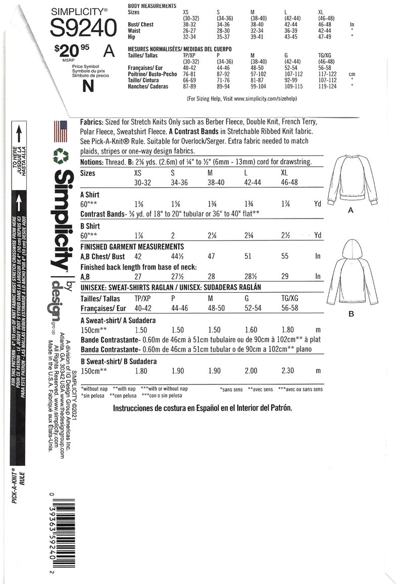 Simplicity S9240 Sewing Pattern Unisex Misses and Mens Raglan - Etsy