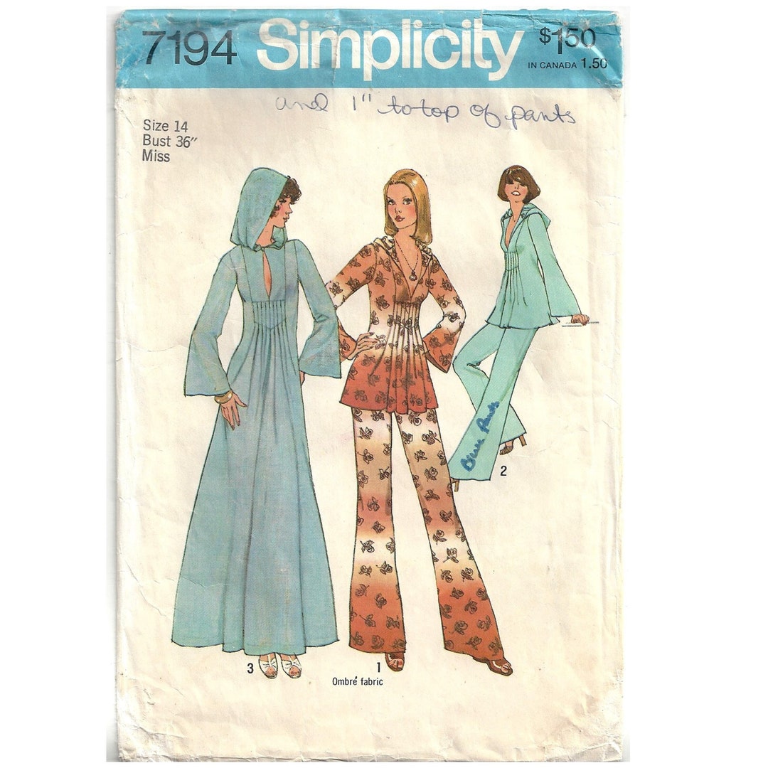 Simplicity 7194 Sewing Pattern for Misses Vintage 70s Hooded Caftan or ...