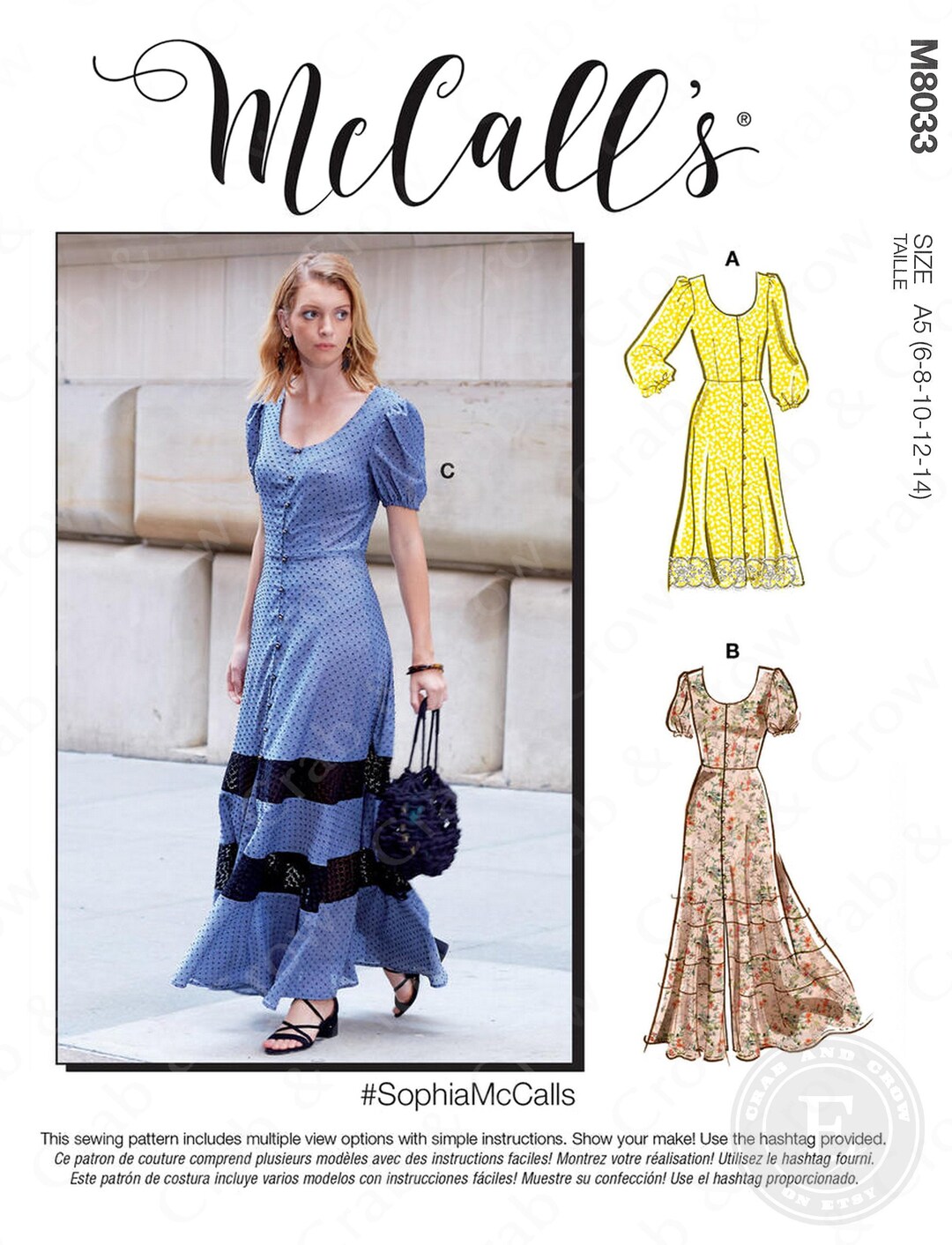 Mccalls M8033 Sewing Pattern Misses Button Front Puff Sleeve Dress in ...