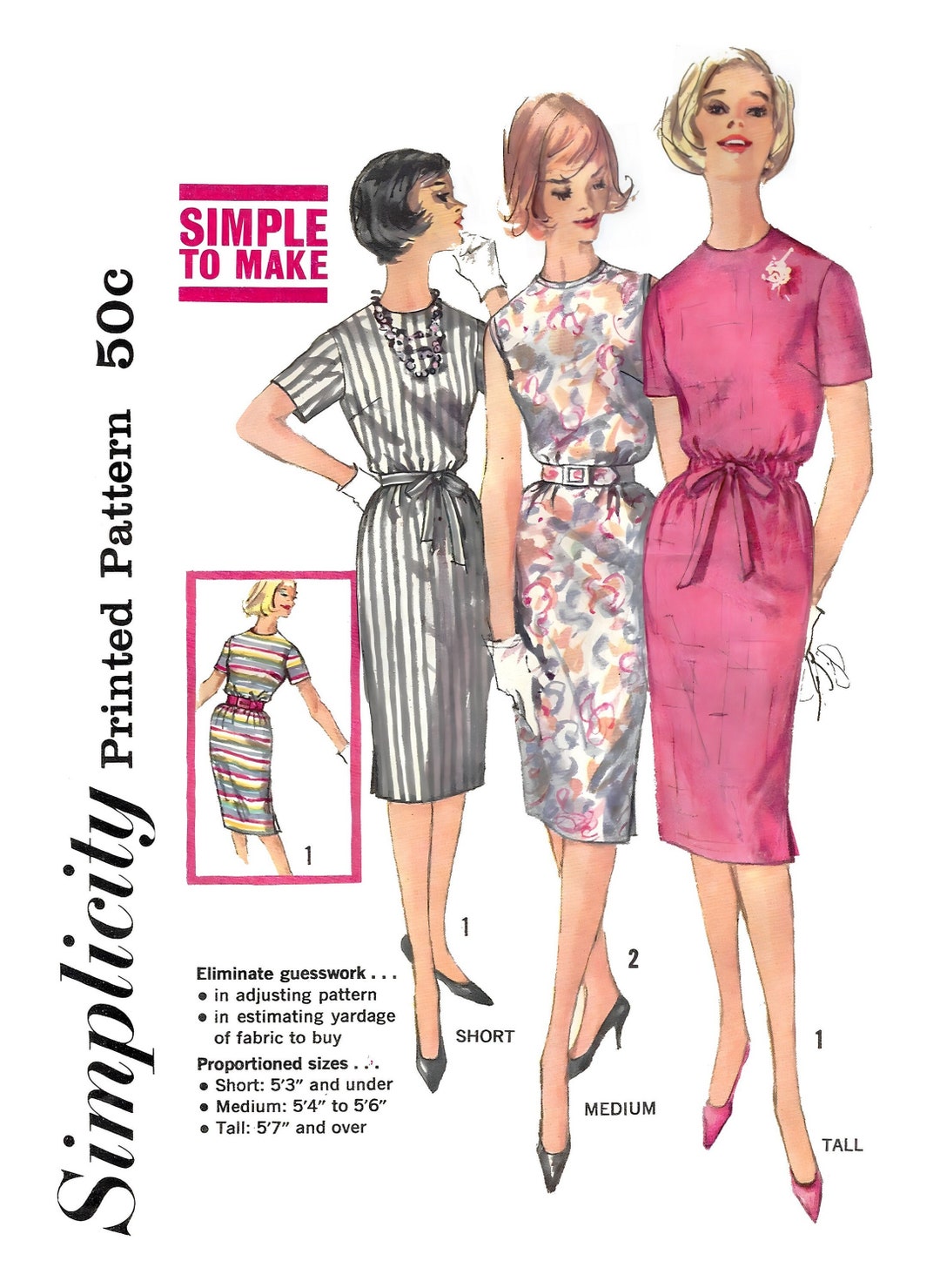 Simplicity 3780 Sewing Pattern Misses Vintage 60s One Piece Dress ...