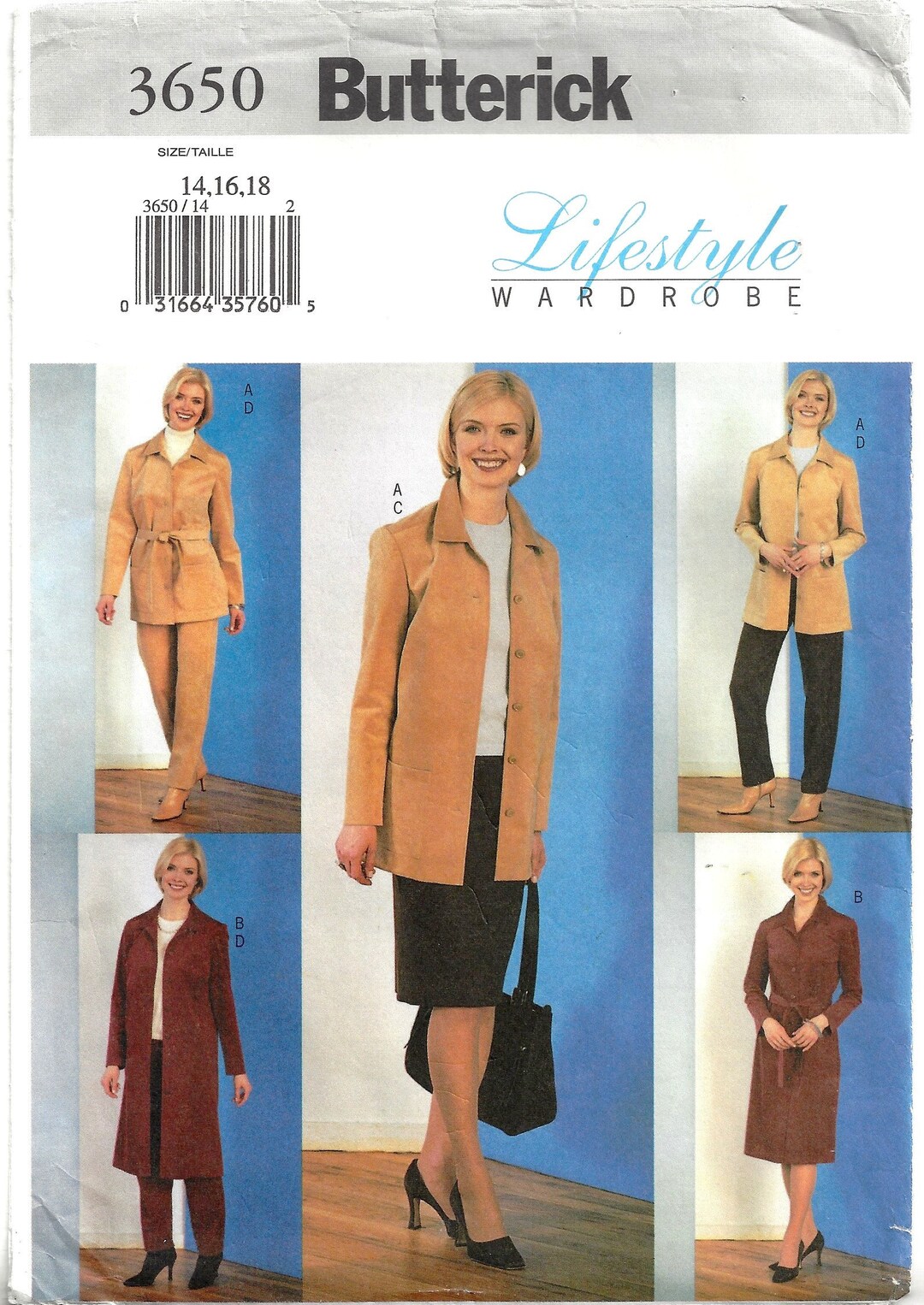 Butterick 3650 Sewing Pattern Misses Jacket Dress Belt Skirt and Pants ...