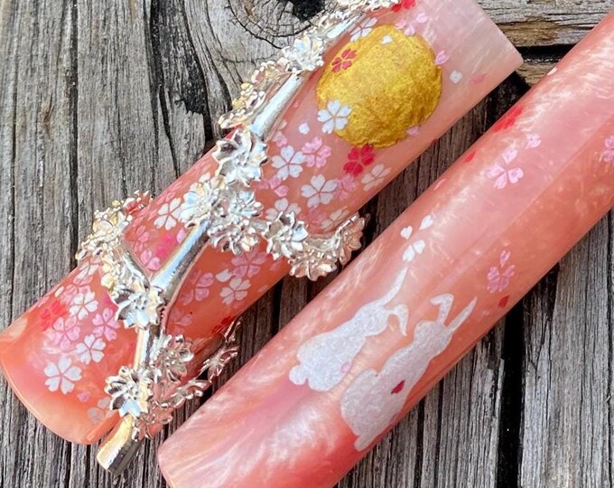 Pink Sakura Rabbits Moon With Sterling Silver Sakura Branch Roll-stop ...