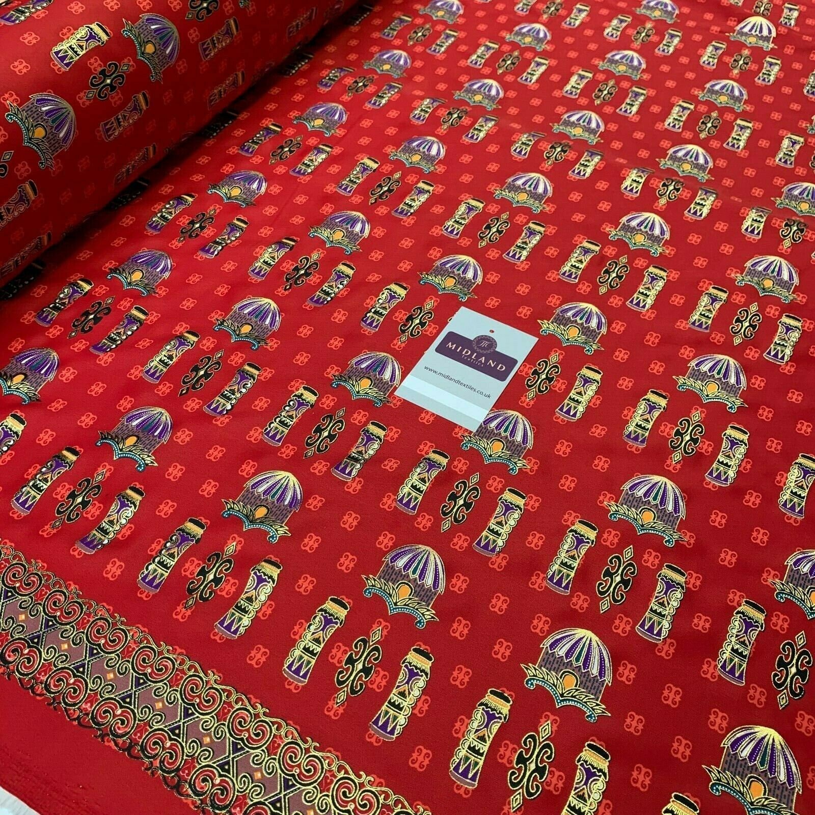 Red border egyptian batik papua printed gold foil dress fabric | Etsy