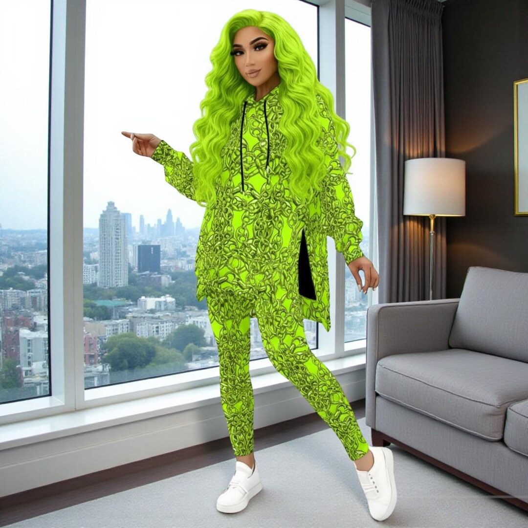Women's Atomic Lime Green Baroque Print Hoodie & Leggings Set | Two ...