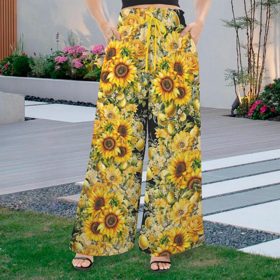 Botanical Sunflowers Lemons Floral Graphic Print Wide Leg Pants Elastic ...