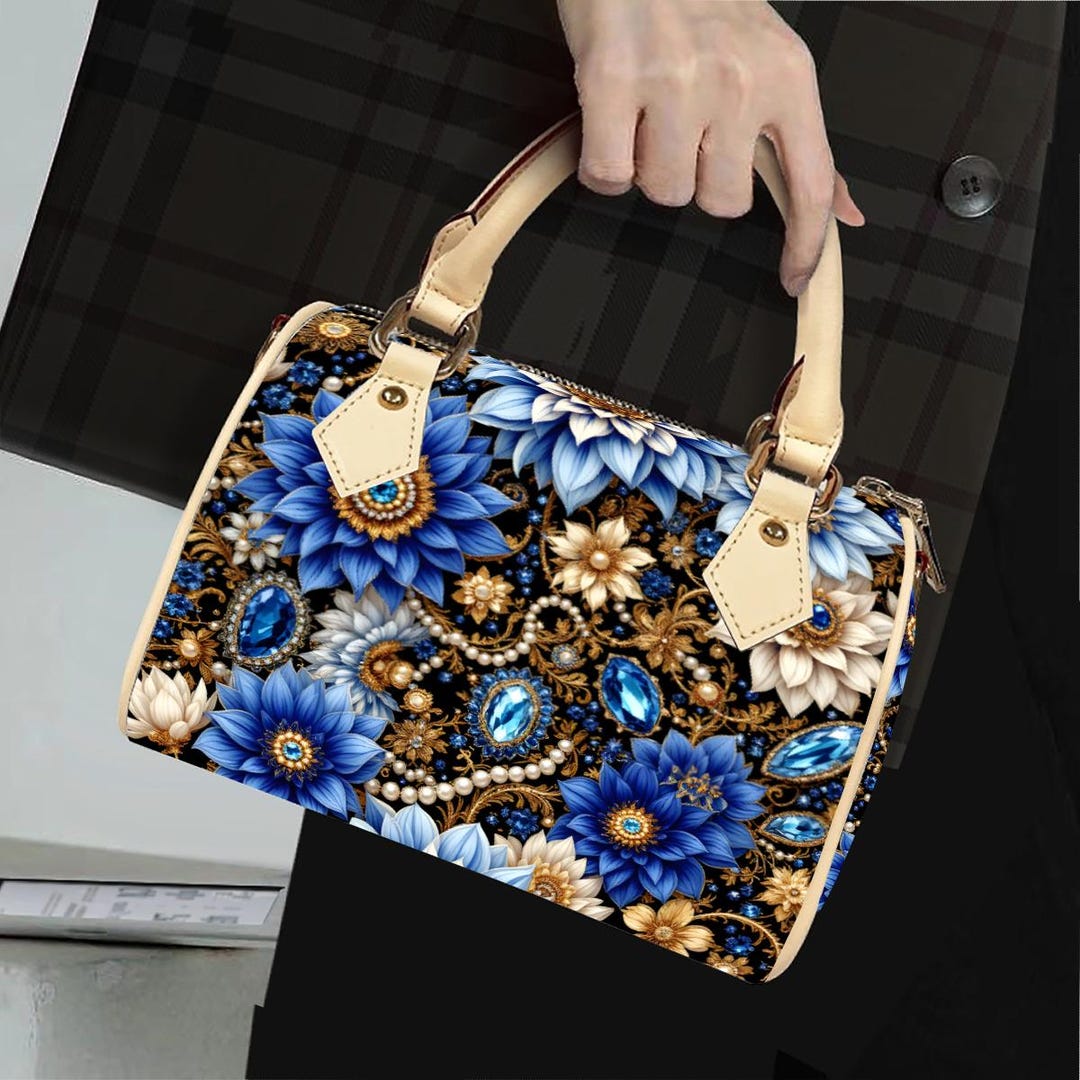 Luxury Blue Jeweled Floral Print Satchel Handbag | Opulent Gemstone ...