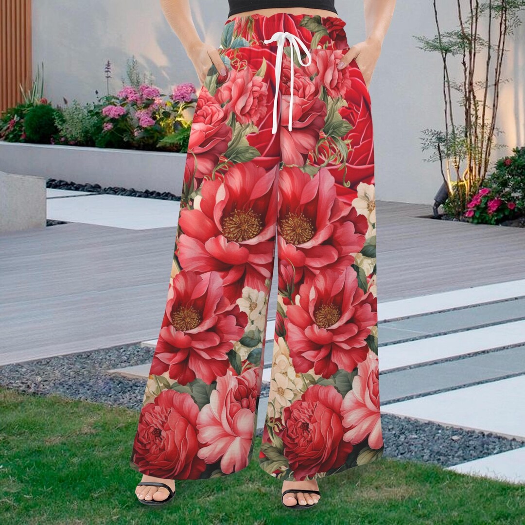 Red Roses Gorgeous Wide Leg Elastic Waist Tether Pockets Pants Fashion ...