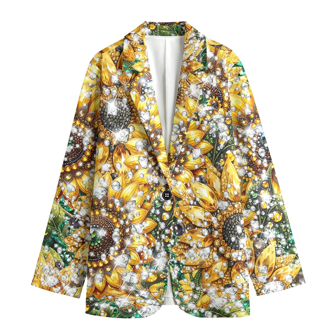 Women Jeweled Blazer Crystal Sunflower Print Blazer Fashion Statement ...