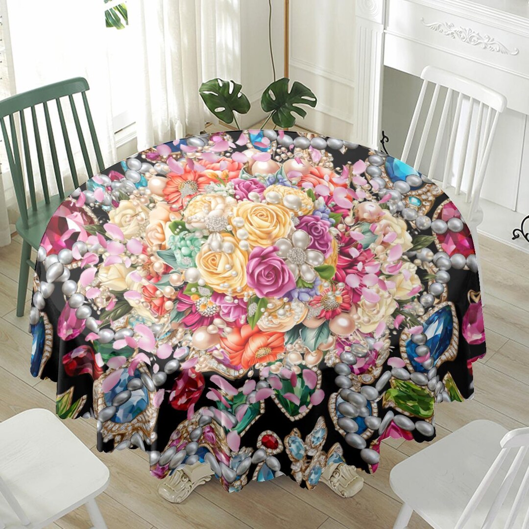 Botanical Rainbow Royal Crown Jewels Waterproof Round Tablecloth ...