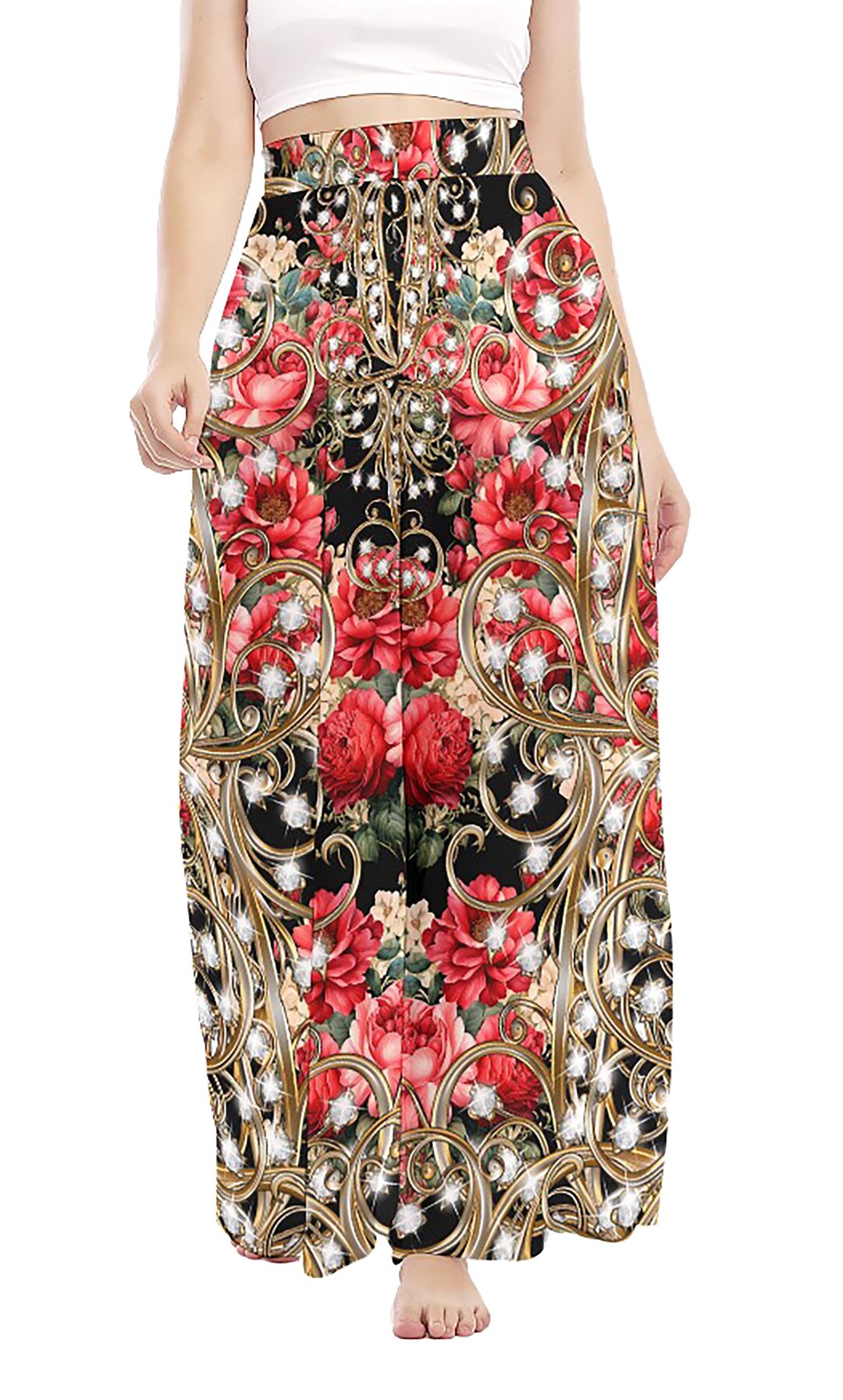 Red Pink Rose Gemstones Gold Swirl High Waist Wide Leg Pants Elegant ...