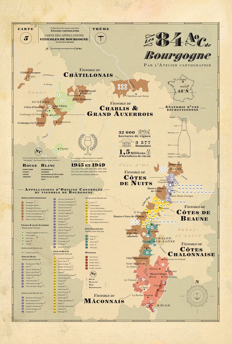 Vines Map of France, Map of French Vineyards, Old School Map, Vineyards ...