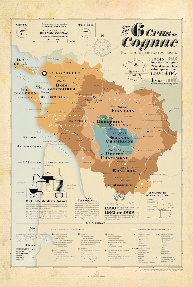 Carte des crus du Cognac, carte du Cognac, vignobles de l'AOC Cognac - Etsy France