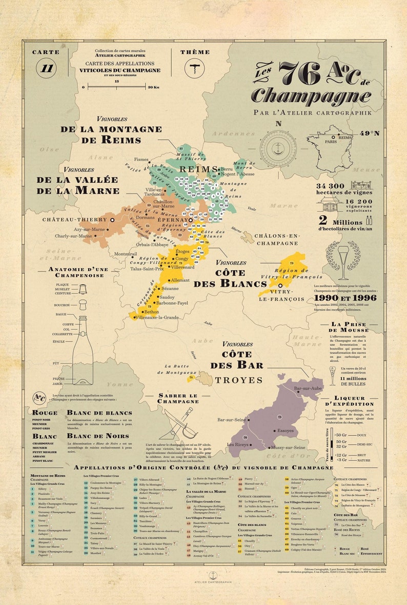 Vines Map of Champagne, Map of French Vineyards, Old School Map ...