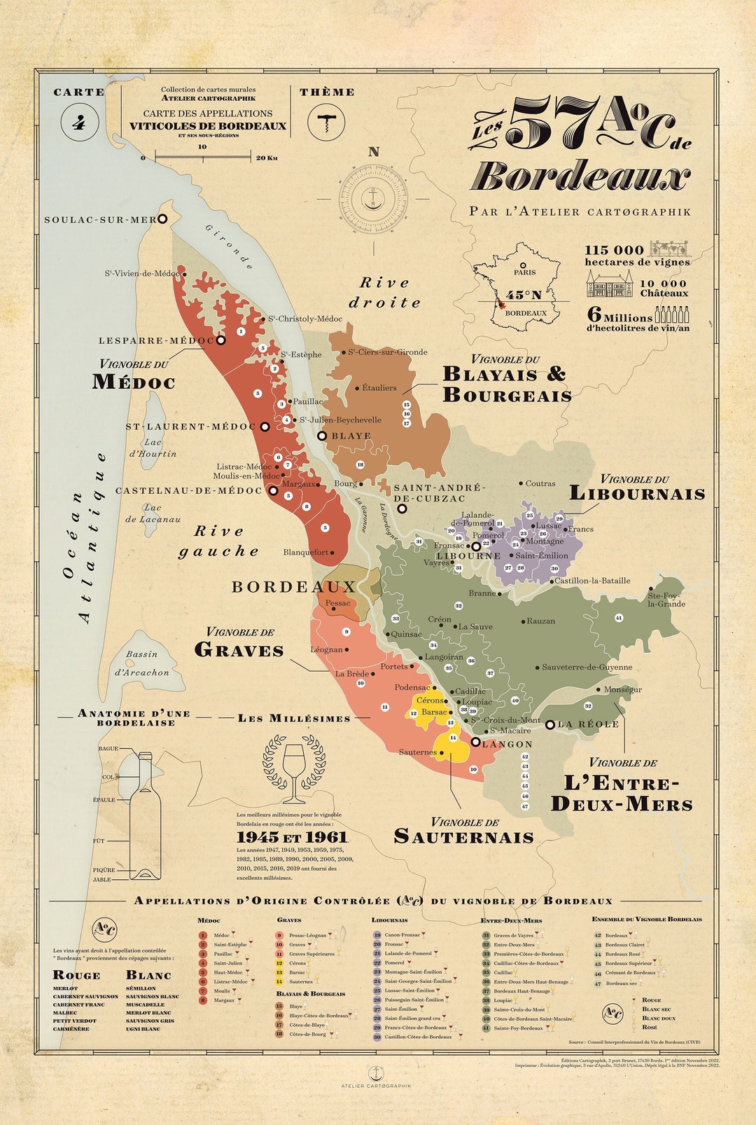 Vines Map of France, Map of French Vineyards, Old School Map, Vineyards ...